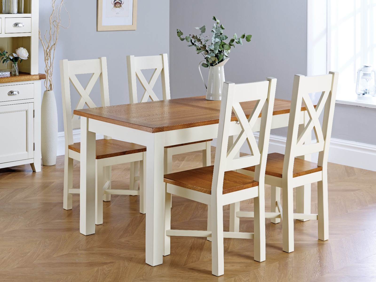 Country Oak 180cm Cream Painted Extending Dining Table & 4 Grasmere ...