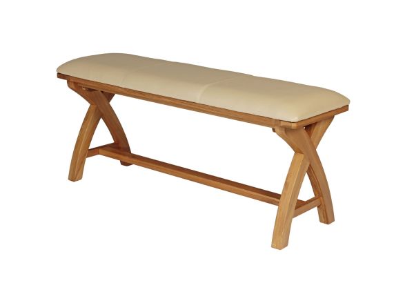 Cream Leather Wooden Bench | Cream Oak Bench