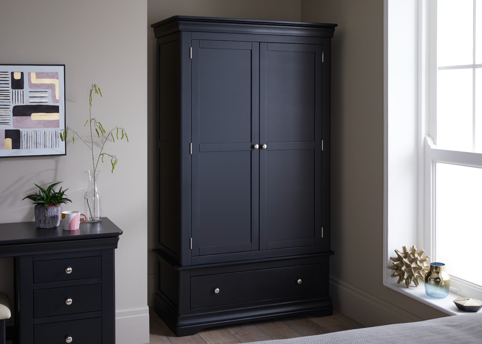 Toulouse Black Painted Double Wardrobe with Drawer